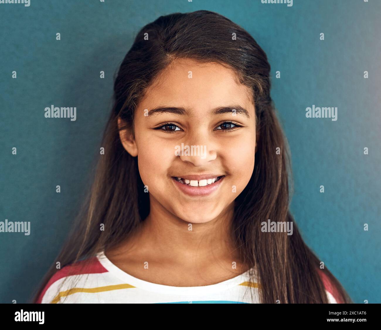 Girl, child and portrait with smile in studio, happiness for education ...