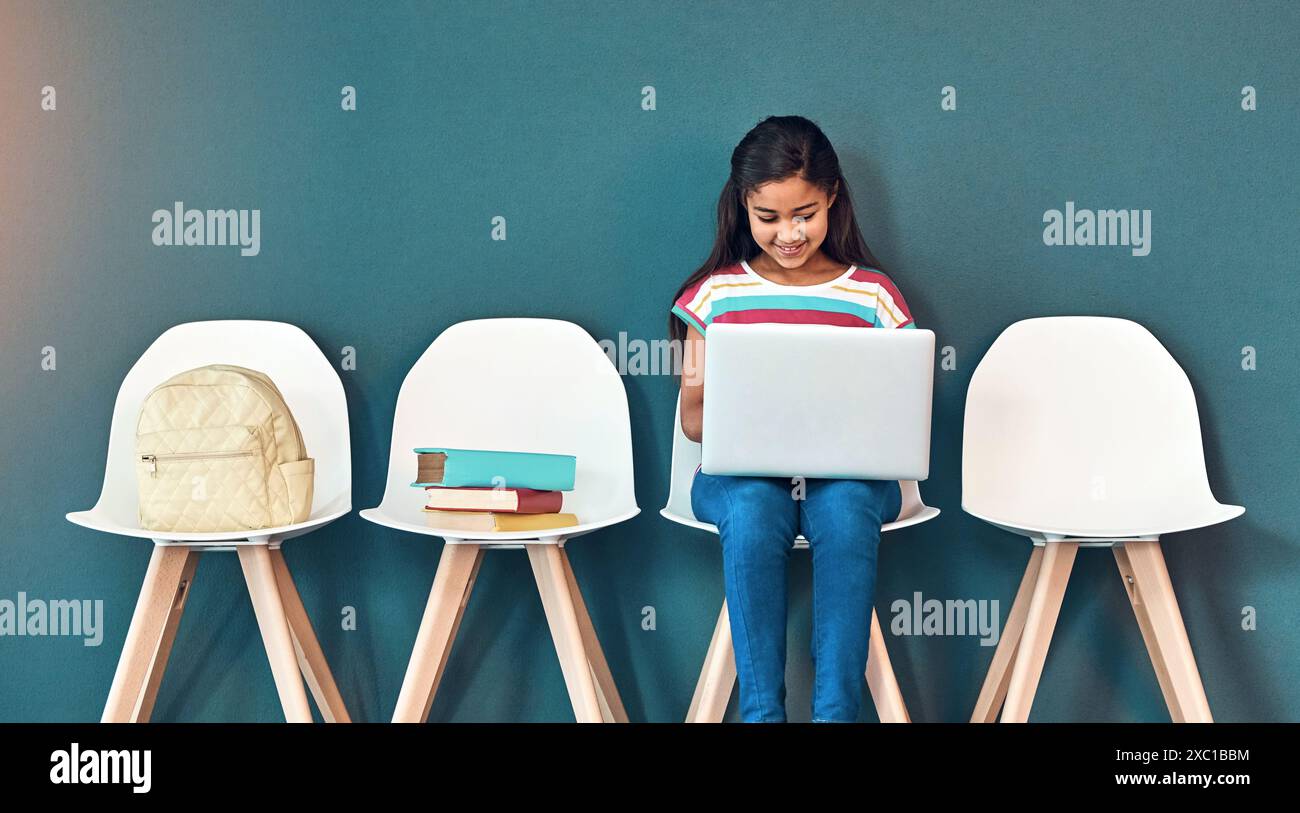 Admission, education and laptop with girl student in waiting room of ...