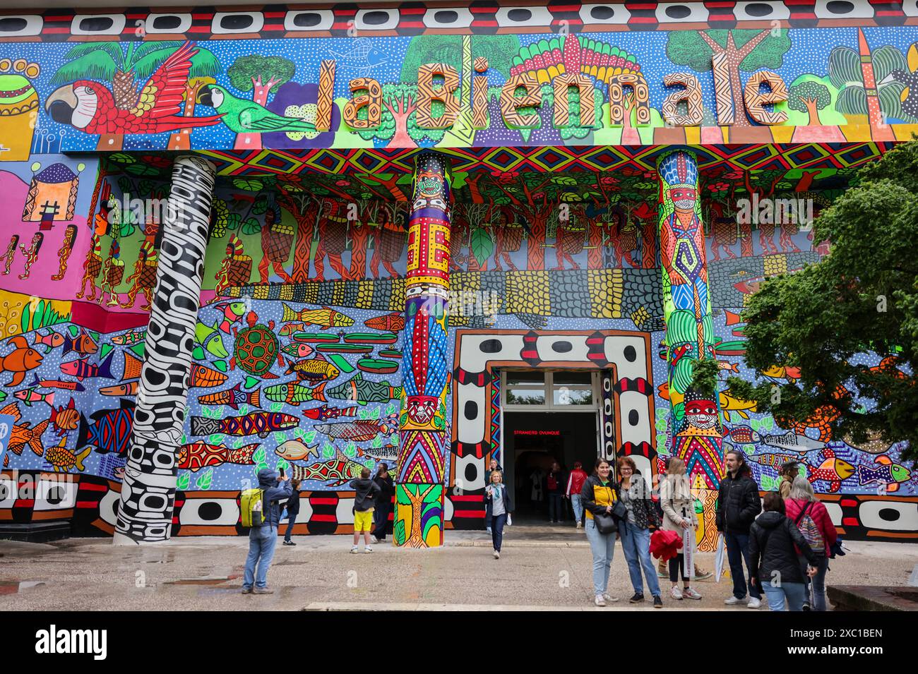 Venice; Italy - May 7 2024: The colorful facade of the Biennale Central ...