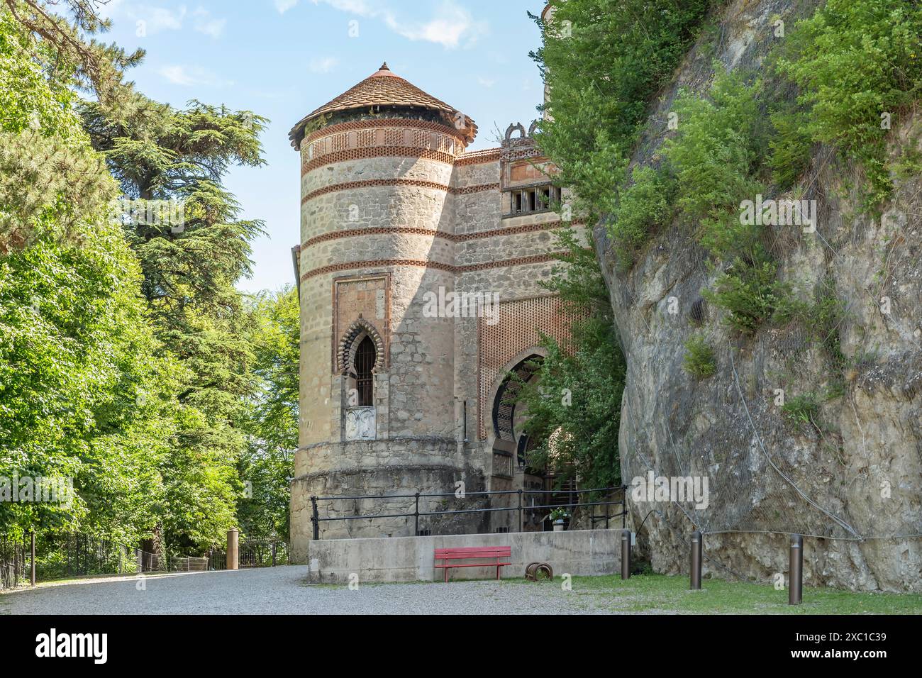 The exteriors of the ancient Rocchetta Mattei in the province of ...