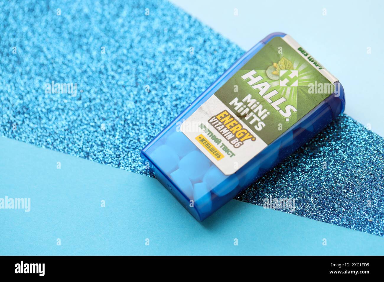 KYIV, UKRAINE - APRIL 20, 2024 Halls mini mints mint twist energy ...
