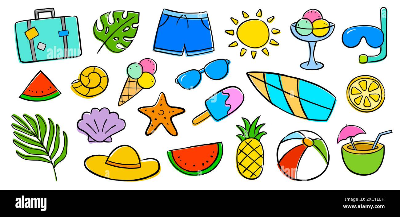 Summer icon doodle set on white background. Summer hand drawn symbols ...