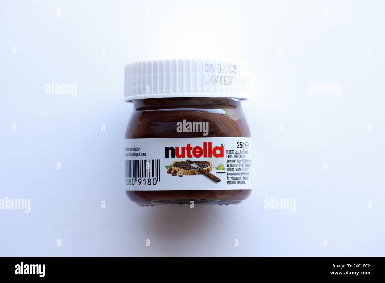 KYIV, UKRAINE - APRIL 20, 2024 Mini Nutella 25g jar on a white ...