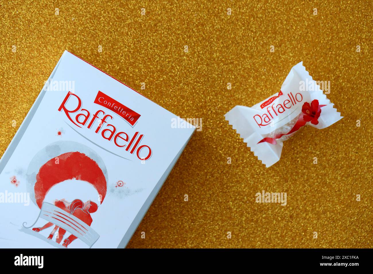 KYIV, UKRAINE - APRIL 20, 2024 Ferrero Raffaello premium sweets ...