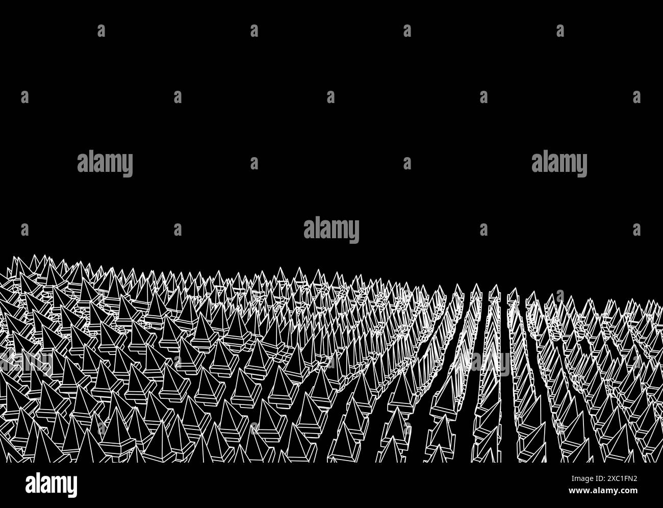 Abstract 3d background with surface of wireframe pyramids, in retro ...