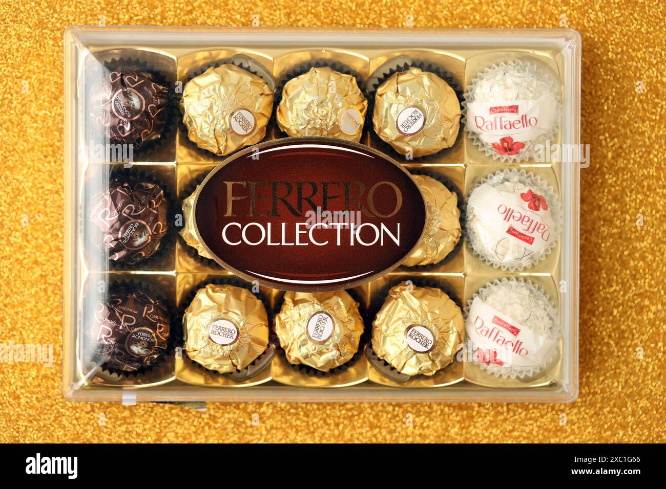 KYIV, UKRAINE - APRIL 20, 2024 Ferrero collection chocolate products. Ferrero Rocher is ...