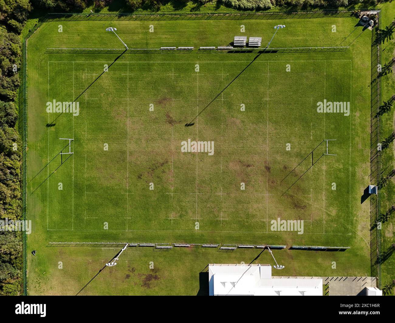 An aerial view of a field with green grass and surrounding trees on a ...