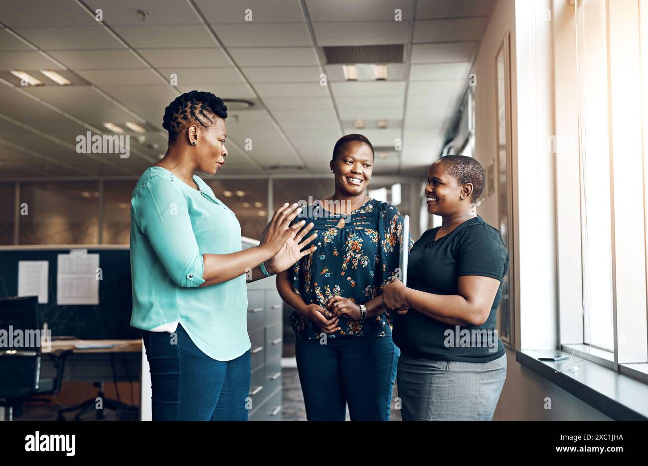 Office, chat and business people with smile in conversation for ...