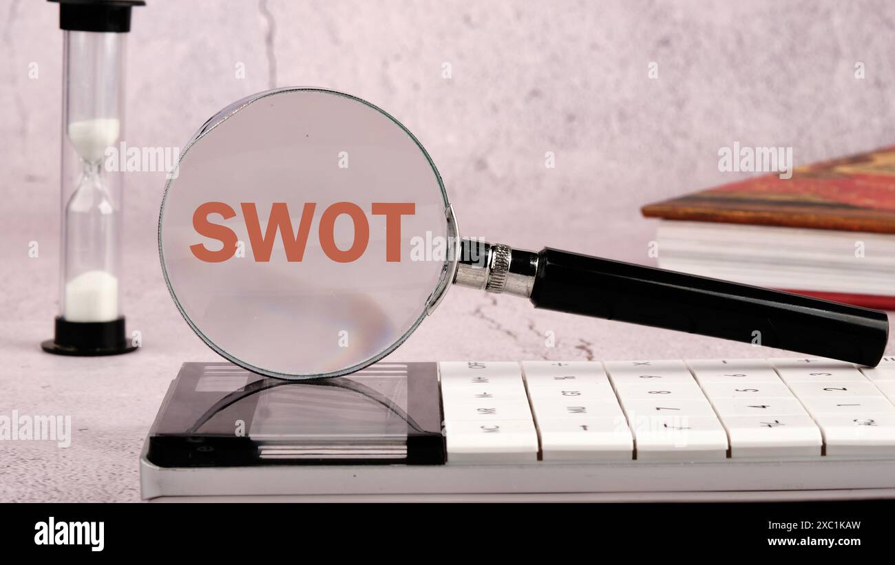 SWOT (SWOT analysis) text through a magnifying glass on a calculator ...