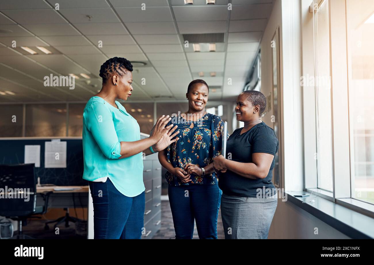 Office, chat and business people with smile in communication for ...