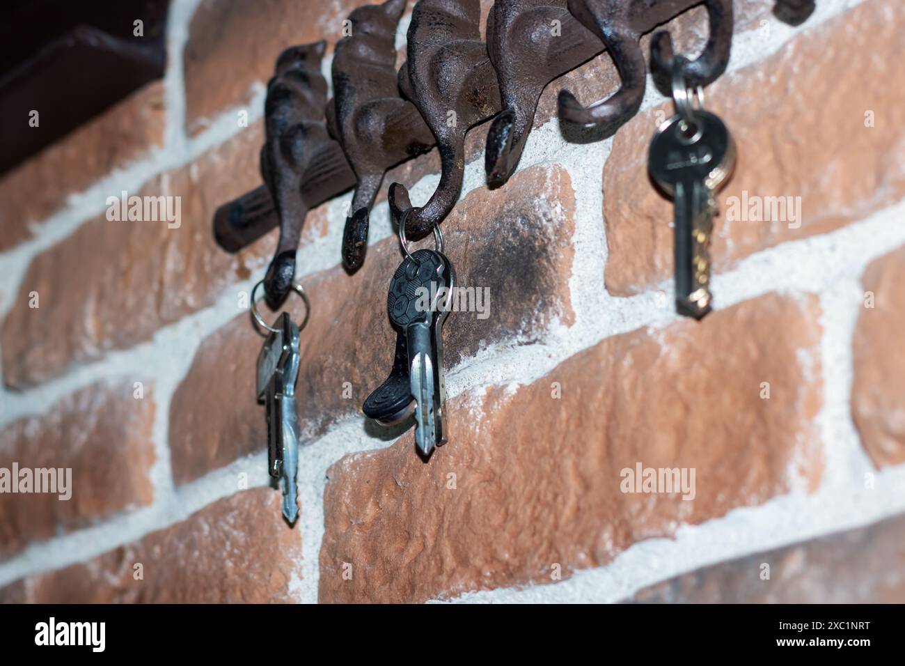 A group of keys are dangling from a hook mounted on a brick wall. The ...