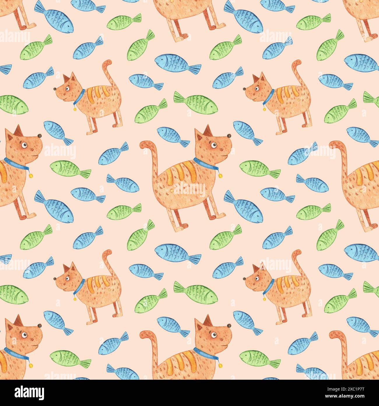 Seamless children's pattern of watercolor cats on a beige background ...