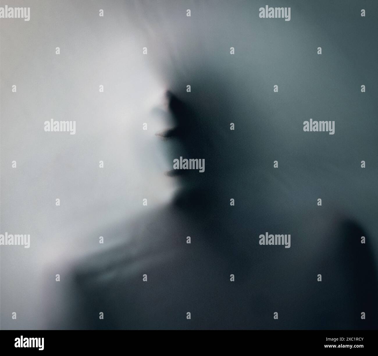 Fabric, hands and trapped figure in studio with mental health, crisis ...