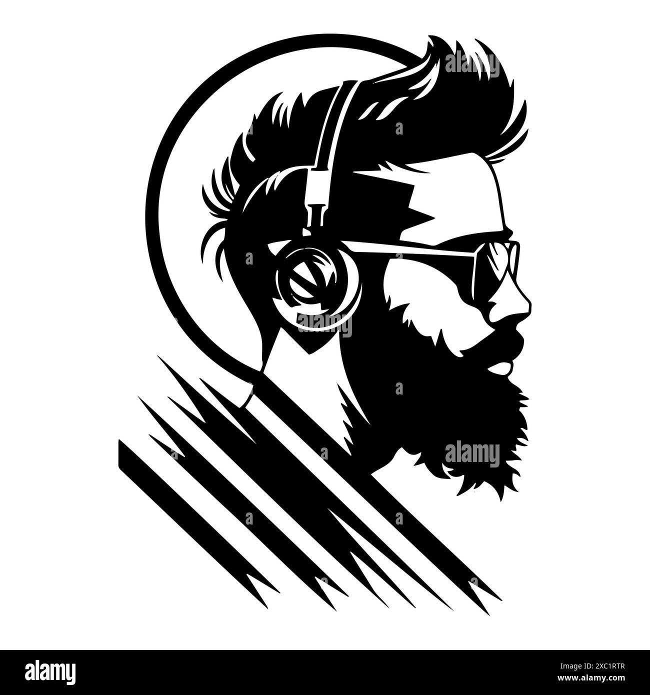 Black and white drawing of man with headphones, focused on face and ...