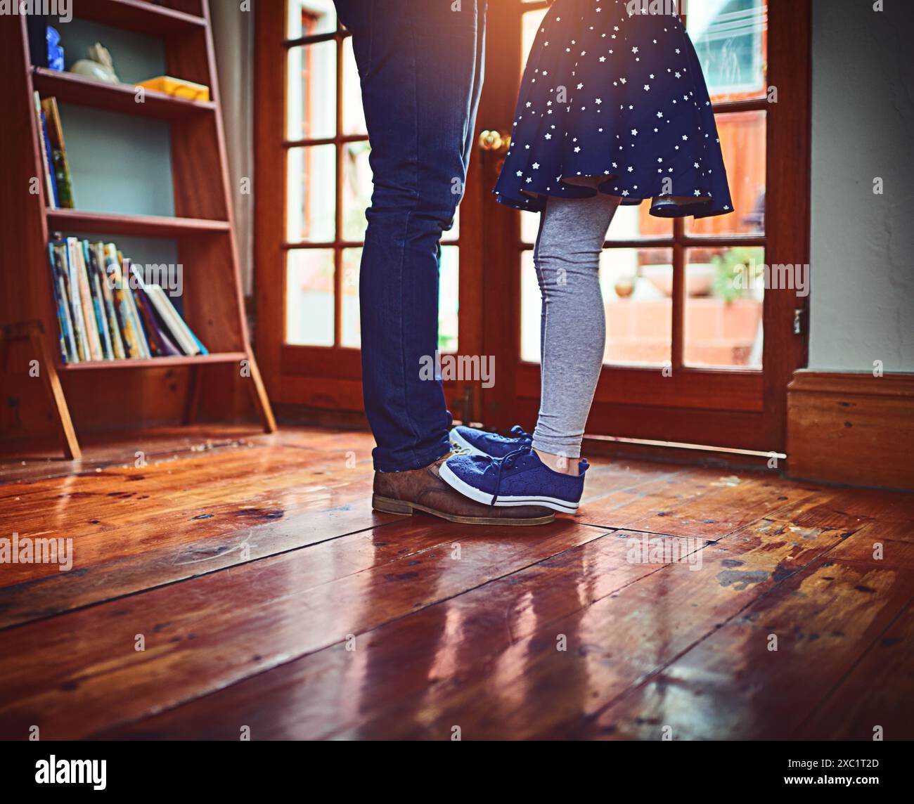 House, legs and father with girl, dance and playful with fun, teaching ...