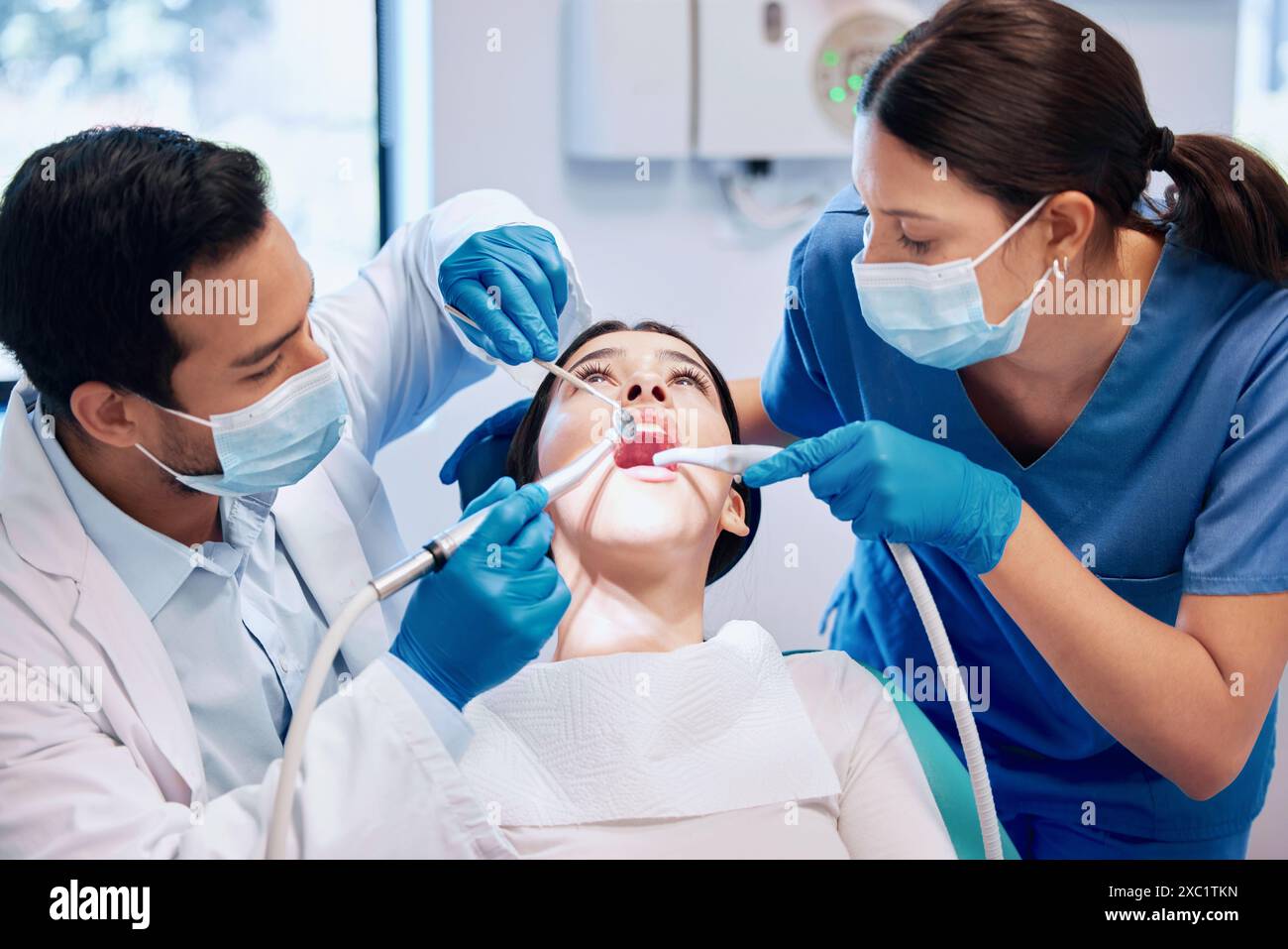Dentist team, patient and cleaning mouth for hygiene with healthcare ...
