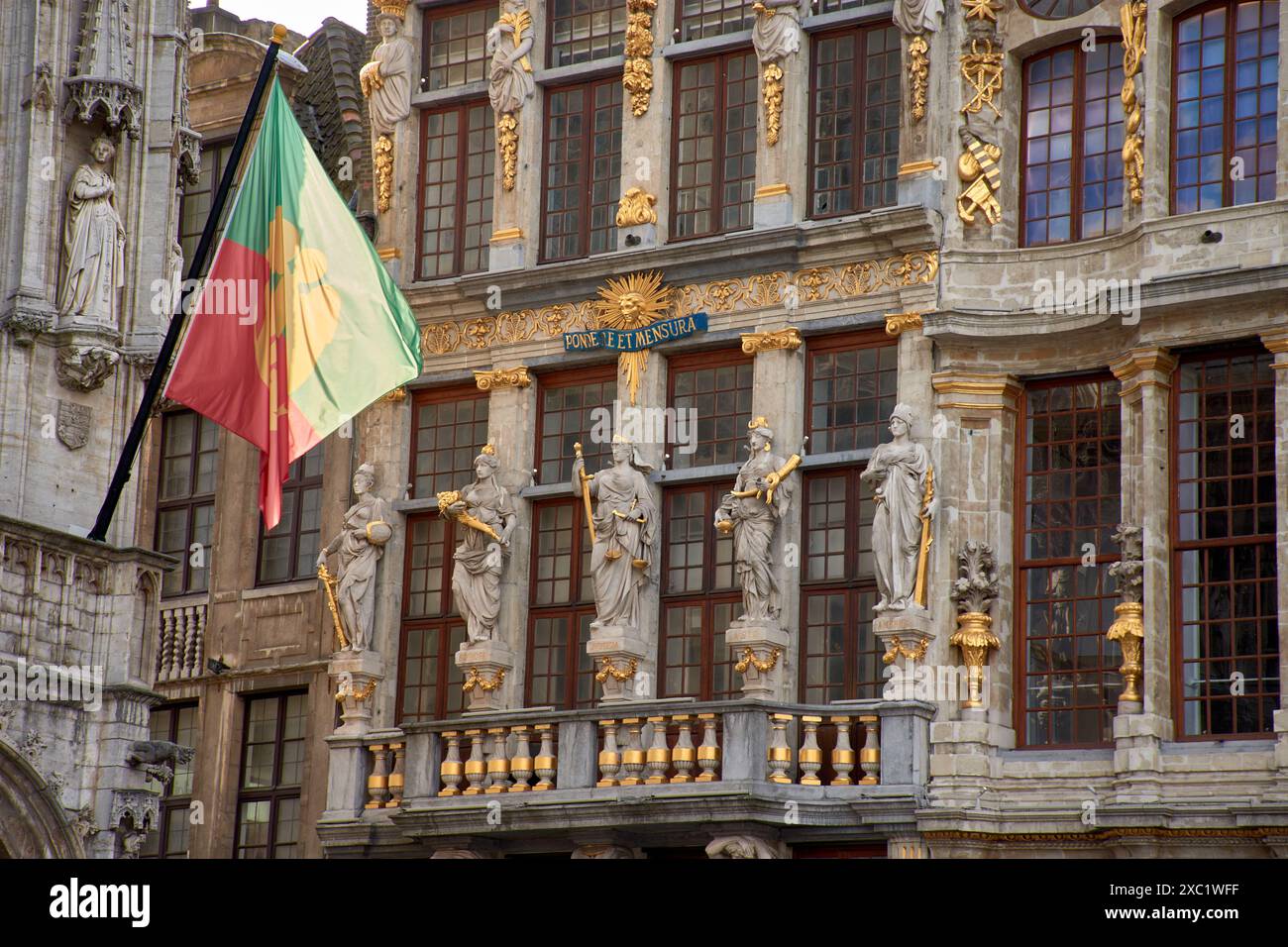 Detail of the facade of a medieval guild house in the Grand Place ...