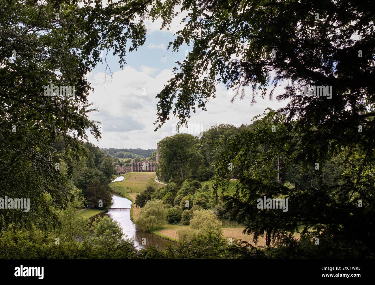 View of Fountains Abbey from a distance. The river skell and the valley ...