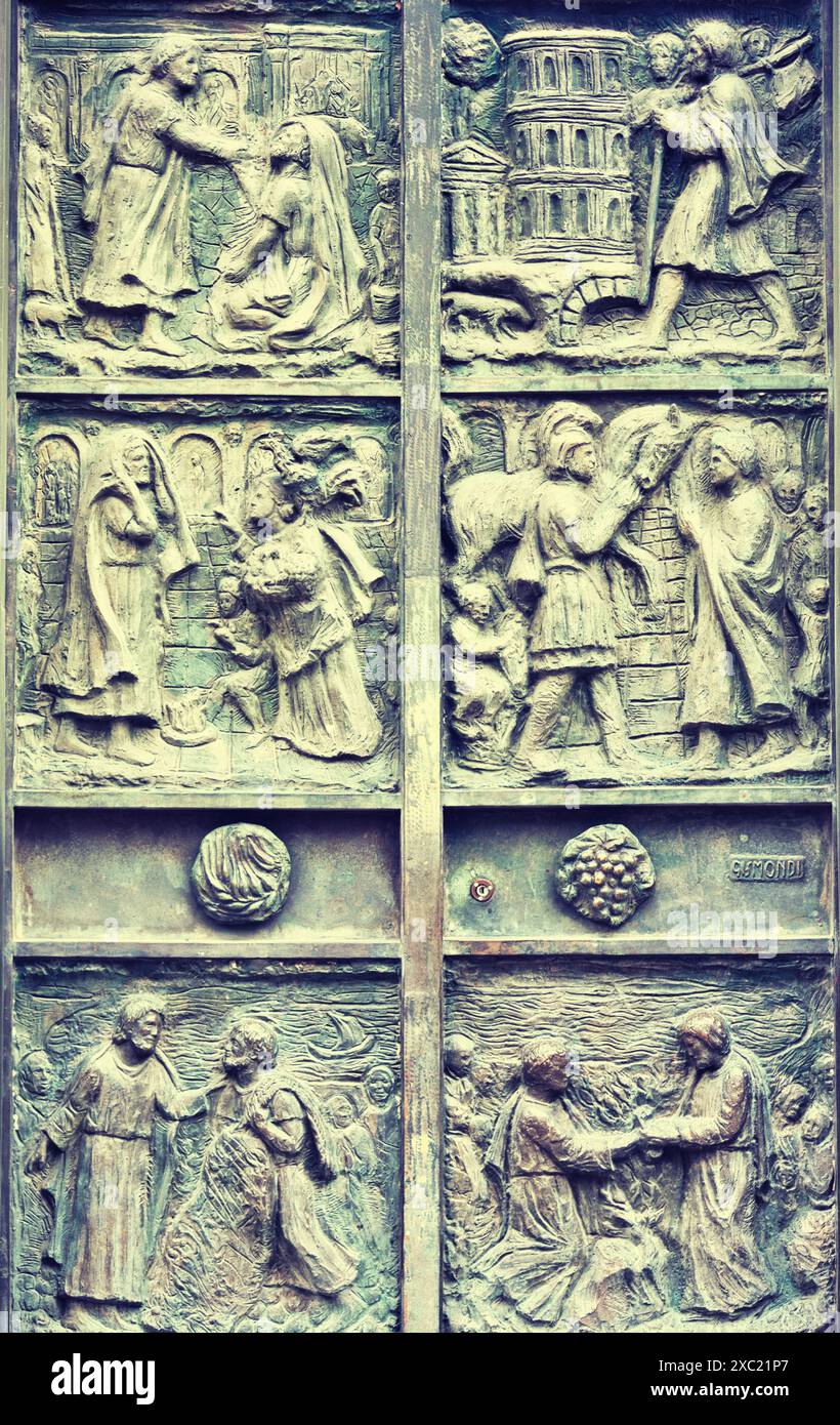 Bronze doors (1980) on the 1775 facade of Roman Catholic St Pierre de ...