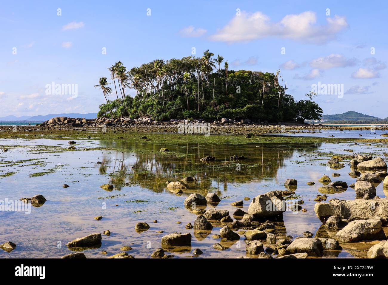 Tropical island with coconut palm trees in a sea, picturesque view from ...