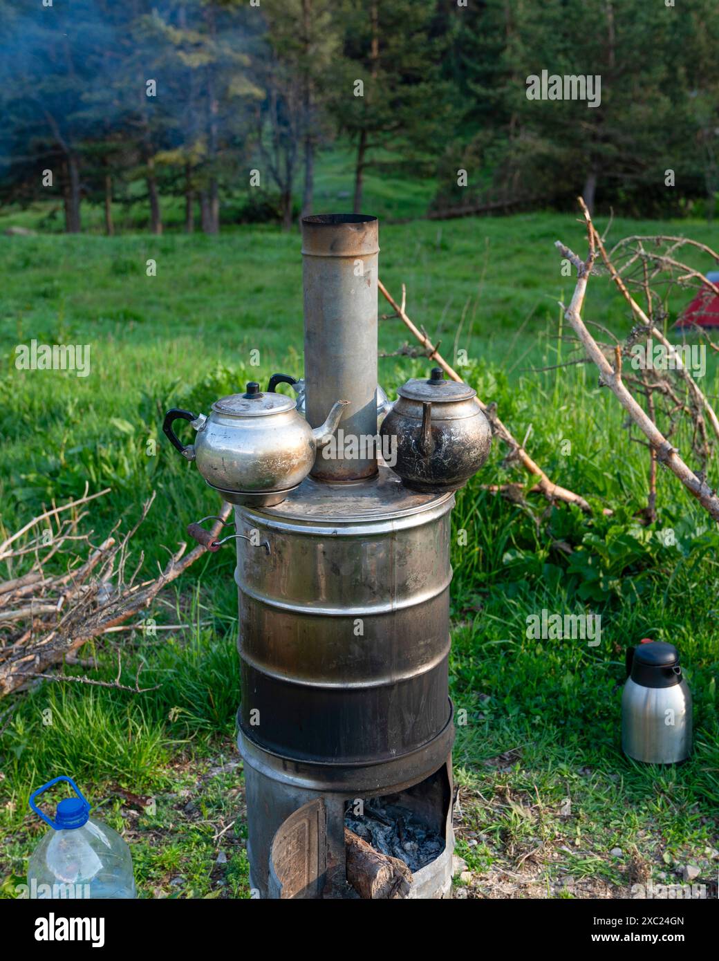 Camp samovar in forest. Turkish tea is being preparing Stock Photo - Alamy