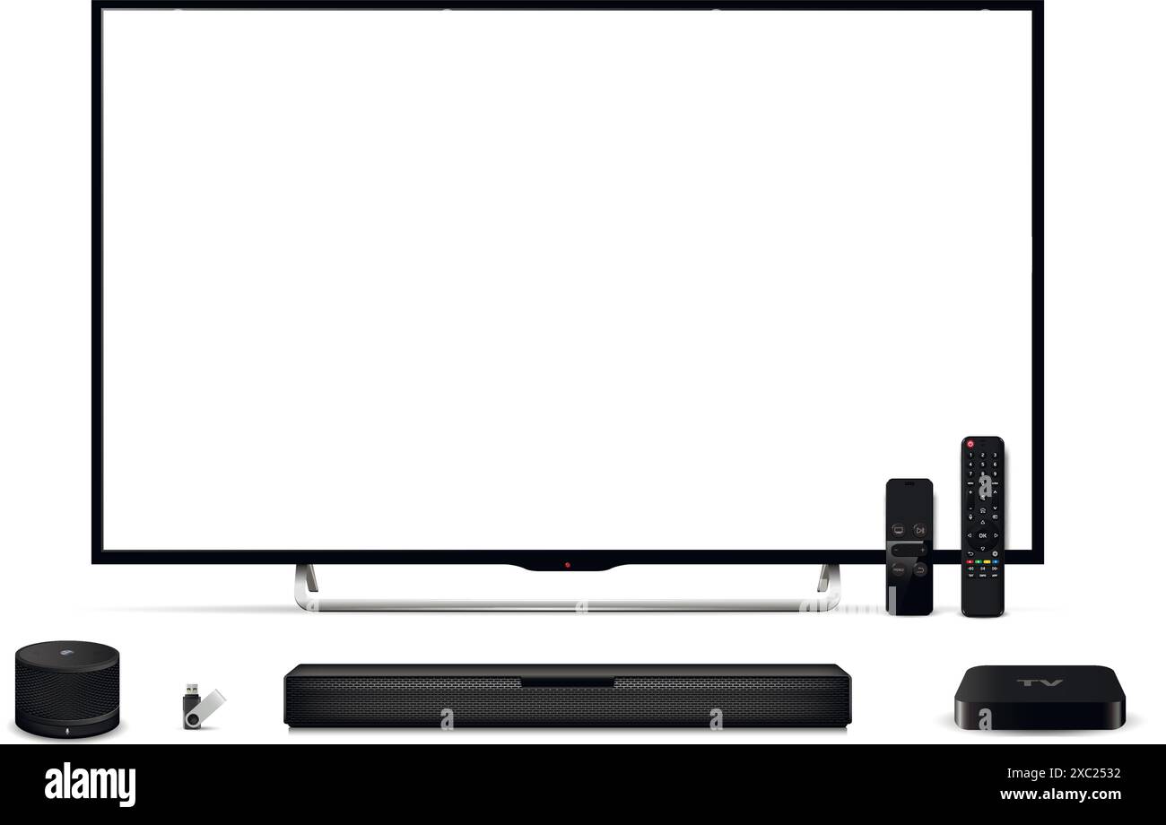 Realistic oled tv, sound bar, set top box, smart speaker, remote ...