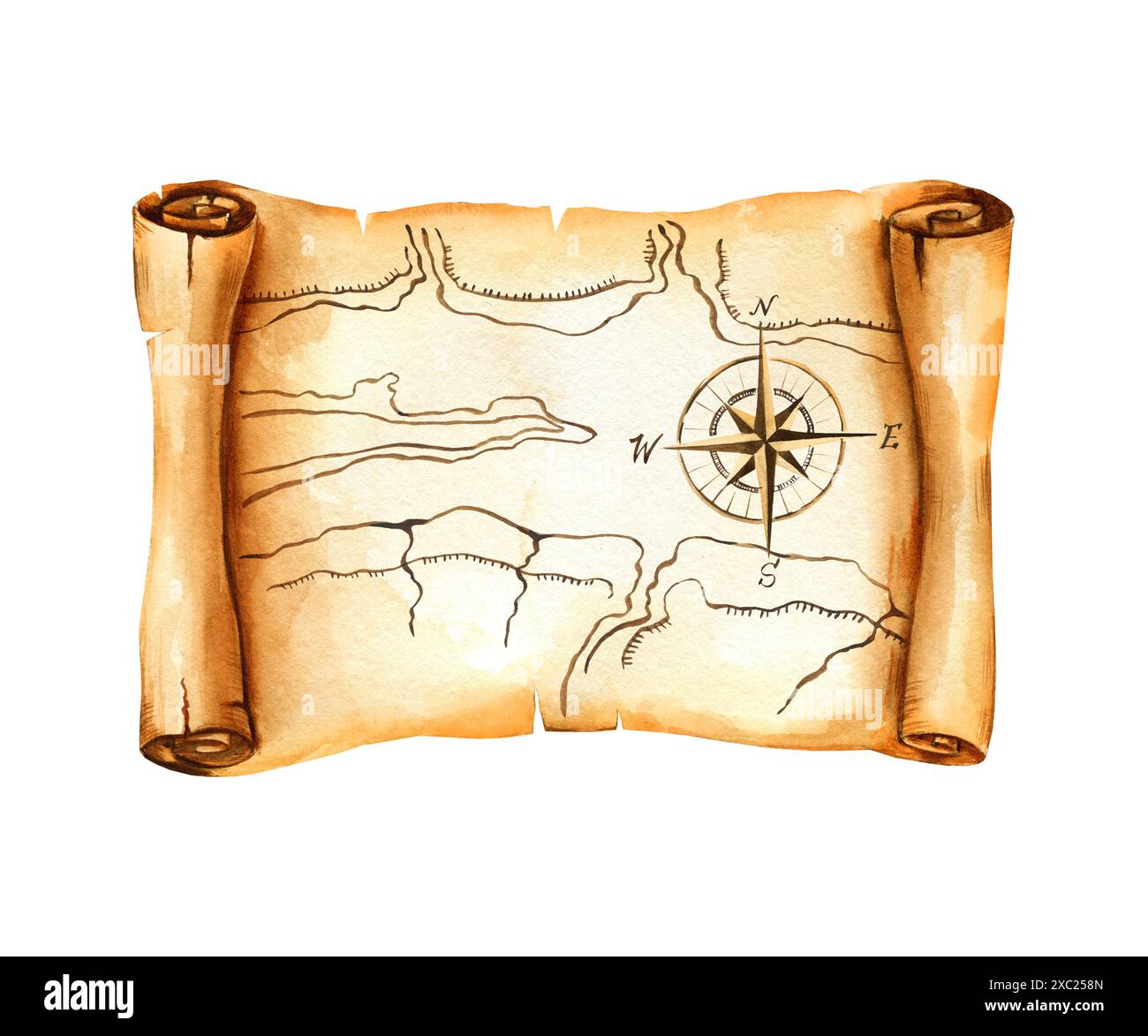 watercolor old navigation map on textured vintage brown paper, wind ...