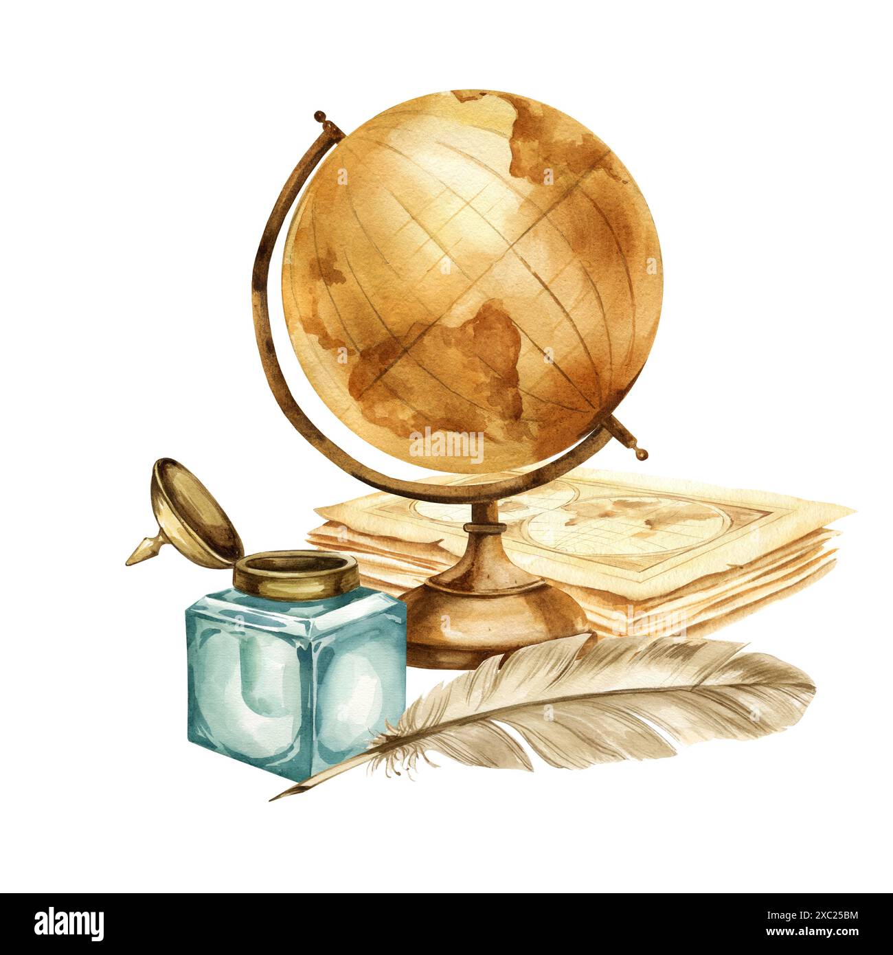 watercolor vintage antique globe of earth, textured beige paper map ...