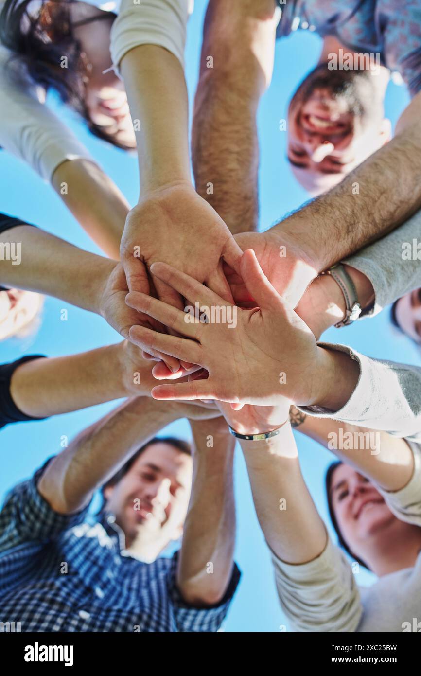 Friendship, hands and group in nature with huddle for community ...