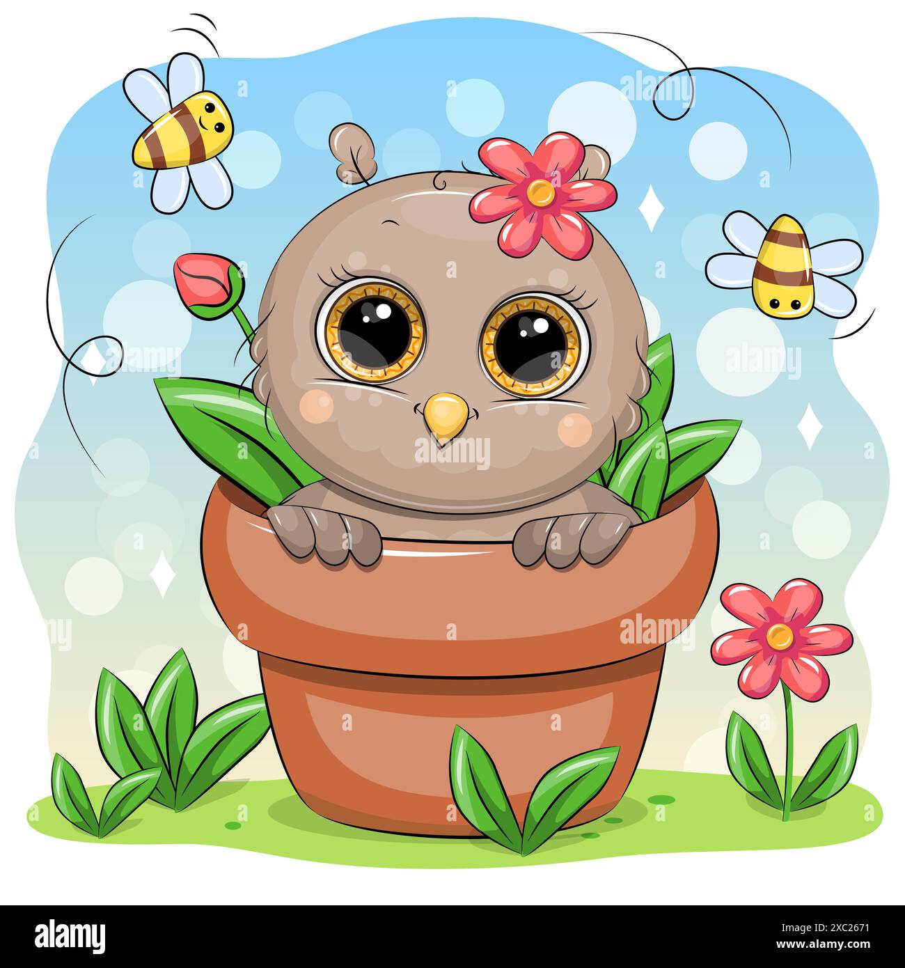 Cute cartoon owl in a flower pot with bees and flowers. Vector ...