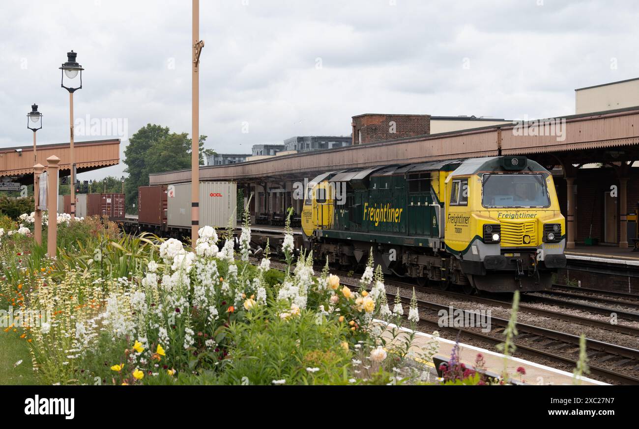 Class 70 diesel locomotive No. 70001 pulling a freightliner train ...