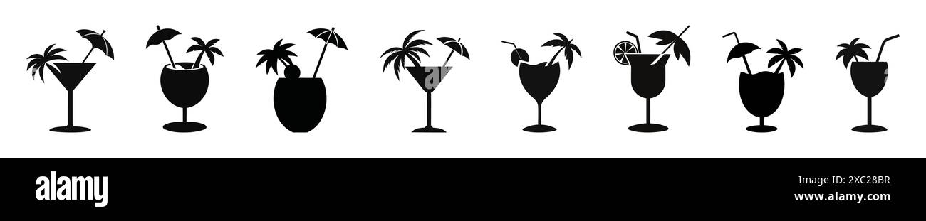 Set of black silhouettes of tropical cocktails. Icons of beach drinks ...
