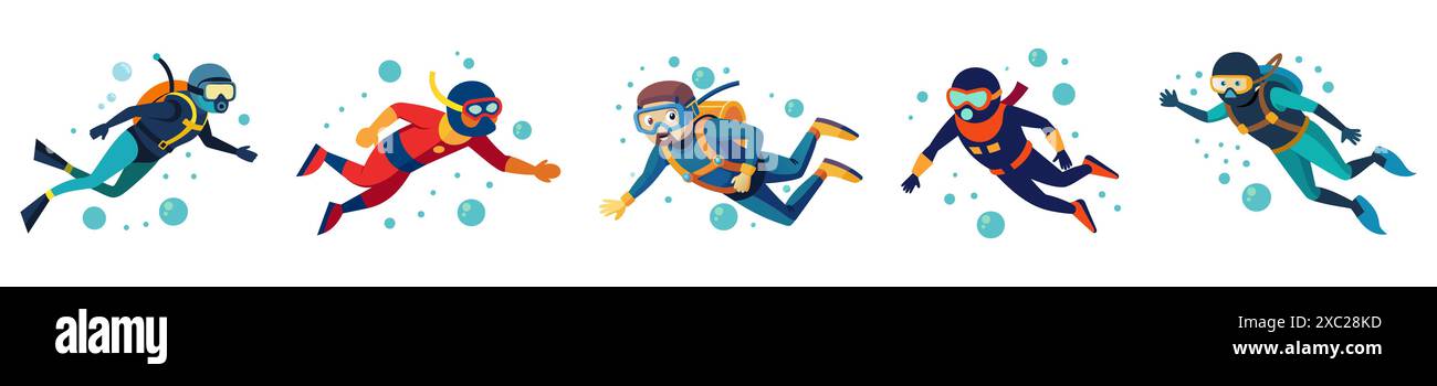 Set of Scuba divers isolated on white background. Graphic illustration. Concept of underwater ...