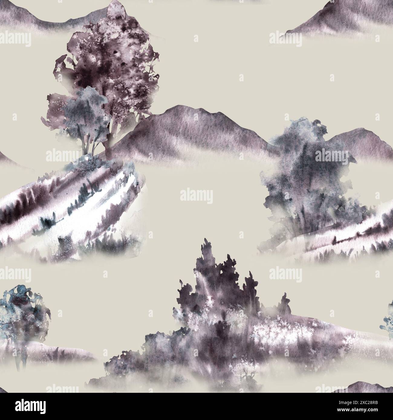 Watercolor landscape mountains, trees, bushes in the meadow and hills ...