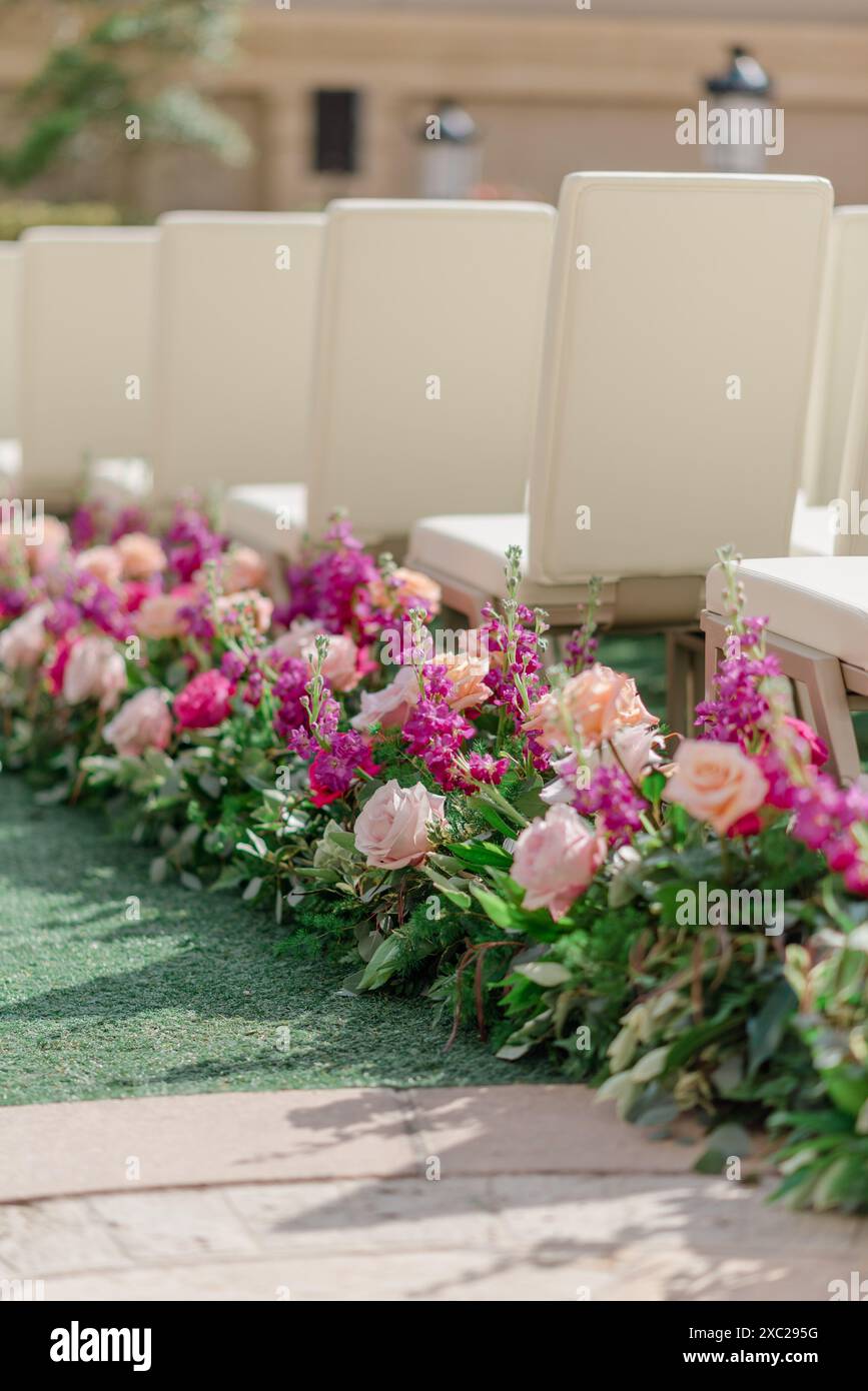 Rose and greenery aisle floral design for wedding Stock Photo - Alamy