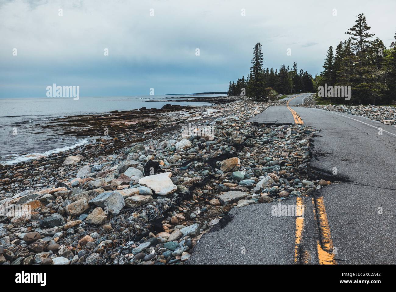 Road damage washout from severe storm, Bar Harbor, Maine Stock Photo ...