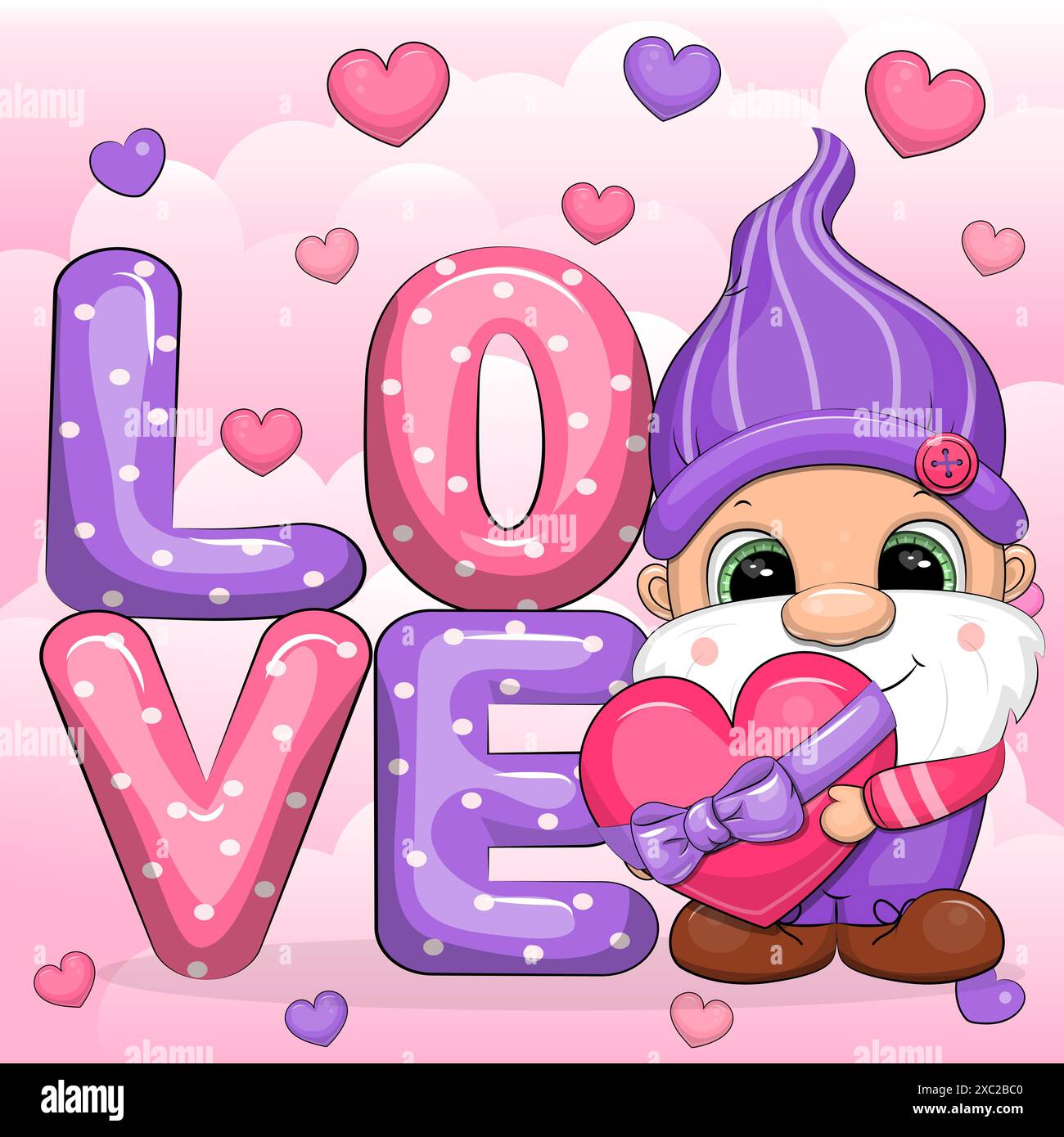Word Love and cute cartoon gnome with heart. Vector illustration of ...