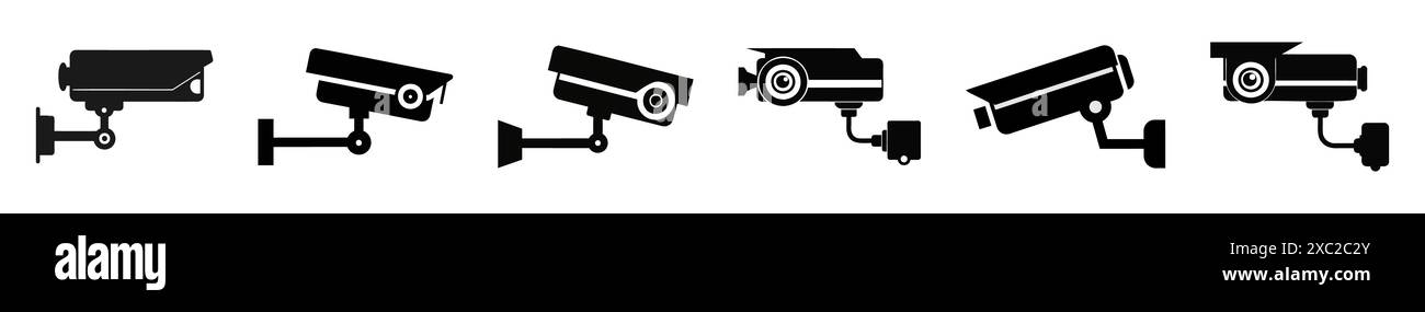 Set of black silhouettes of security cameras, isolated on a white ...