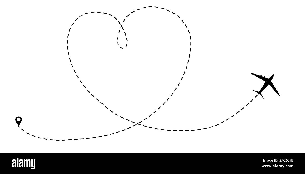Itinerary Dashed Trace Heart Shape Line Airplane Flight Dotted Path Romantic Aircraft