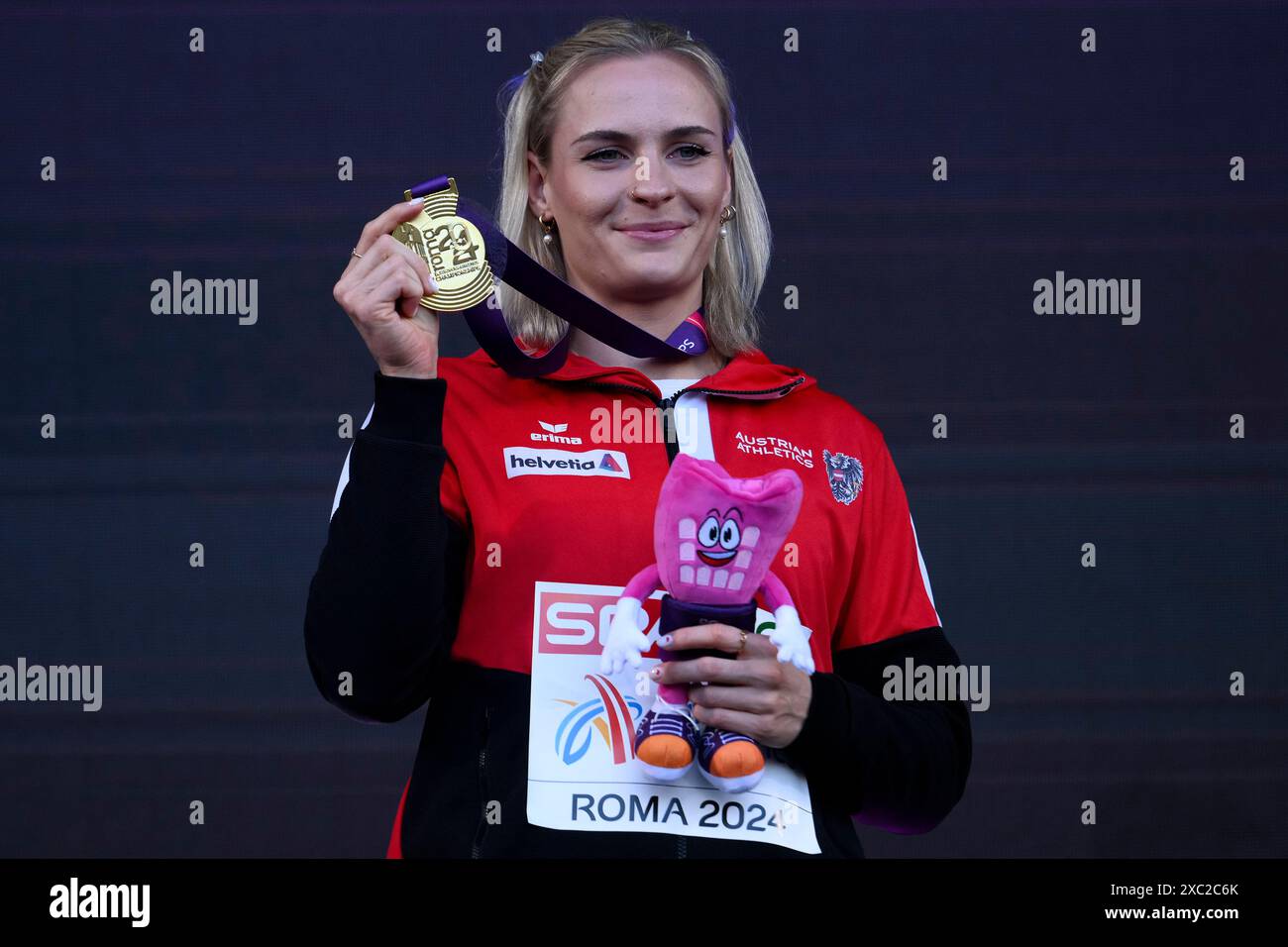 Victoria Hudson of Austria celebrates during the medal ceremony of the ...