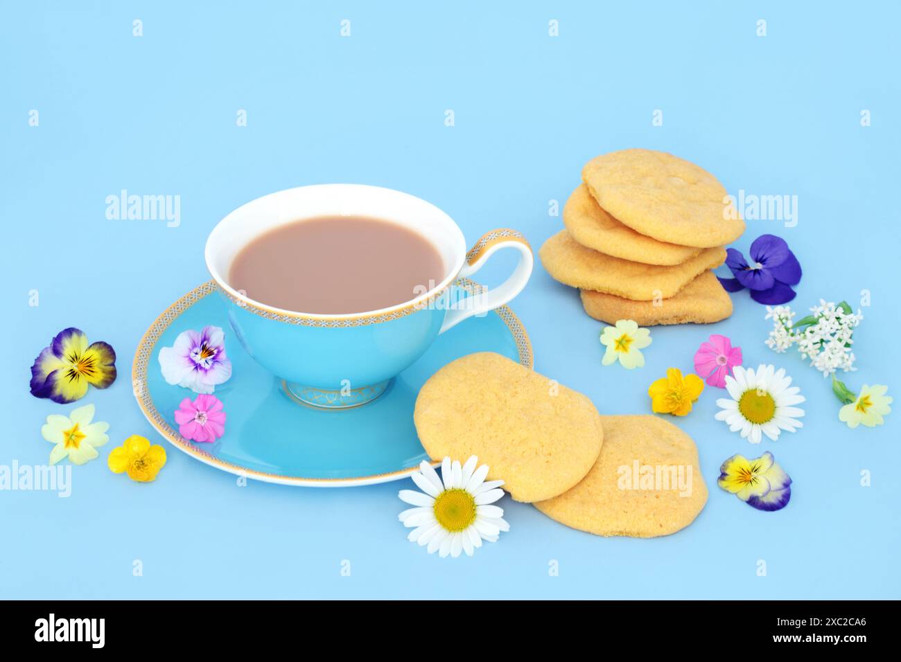 English afternoon tea for one with white chocolate chip cookies, teacup ...