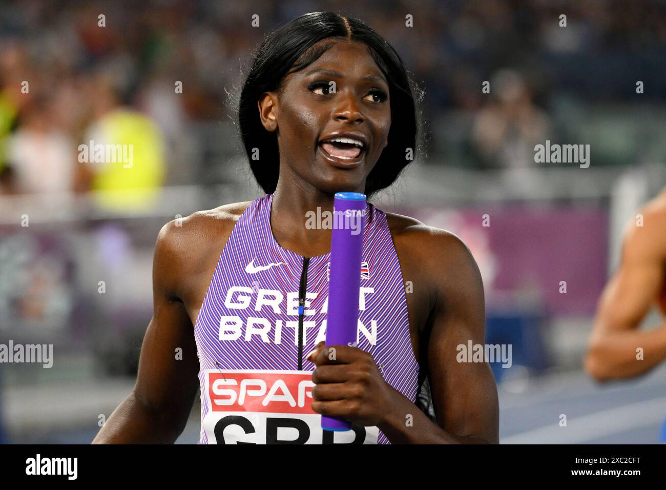 Daryll Neita of Great Britain reacts after competing in the 4x100m ...