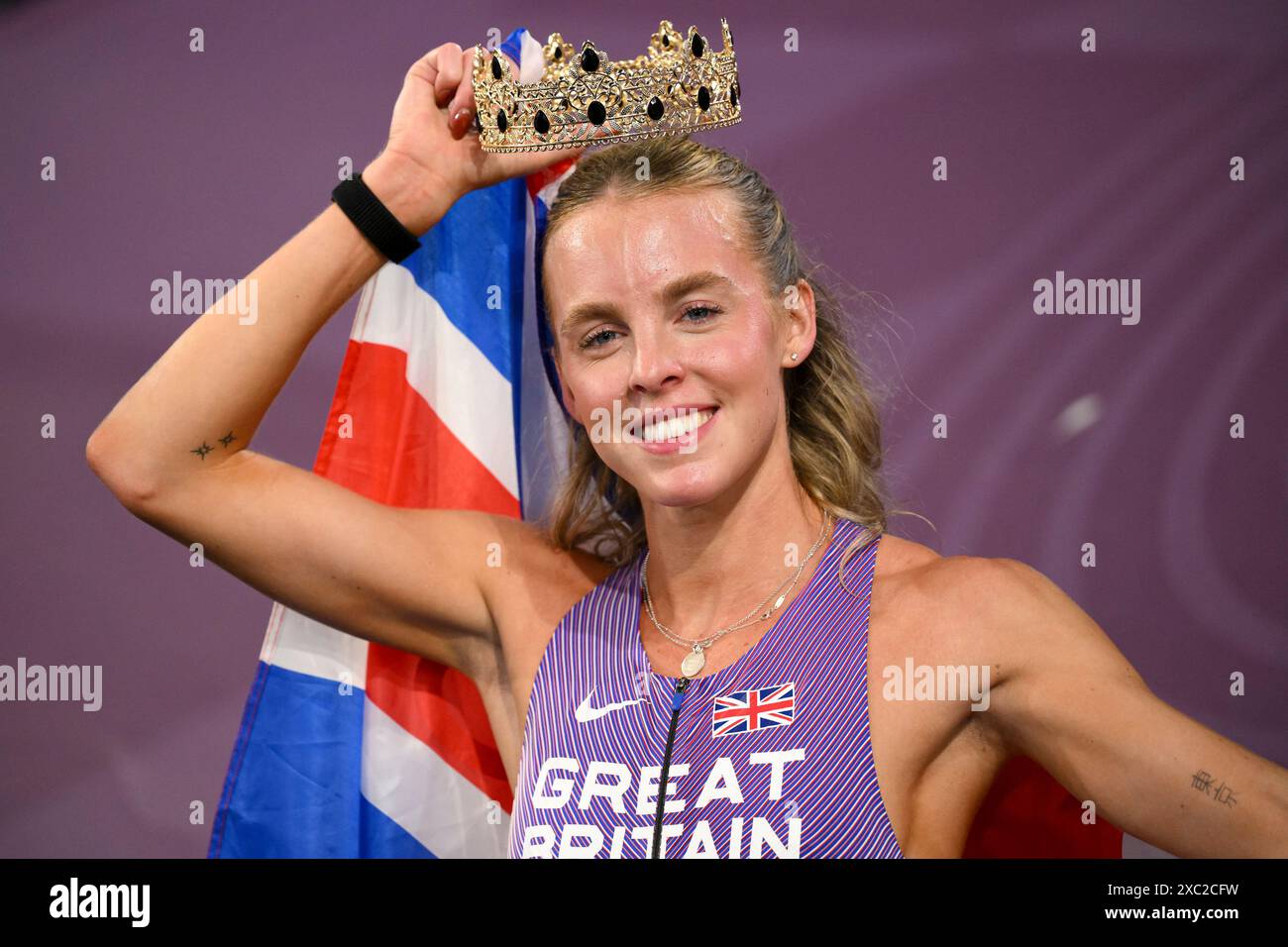 Keely Hodgkinson of Great Britain wears a crown as she celebrates after ...