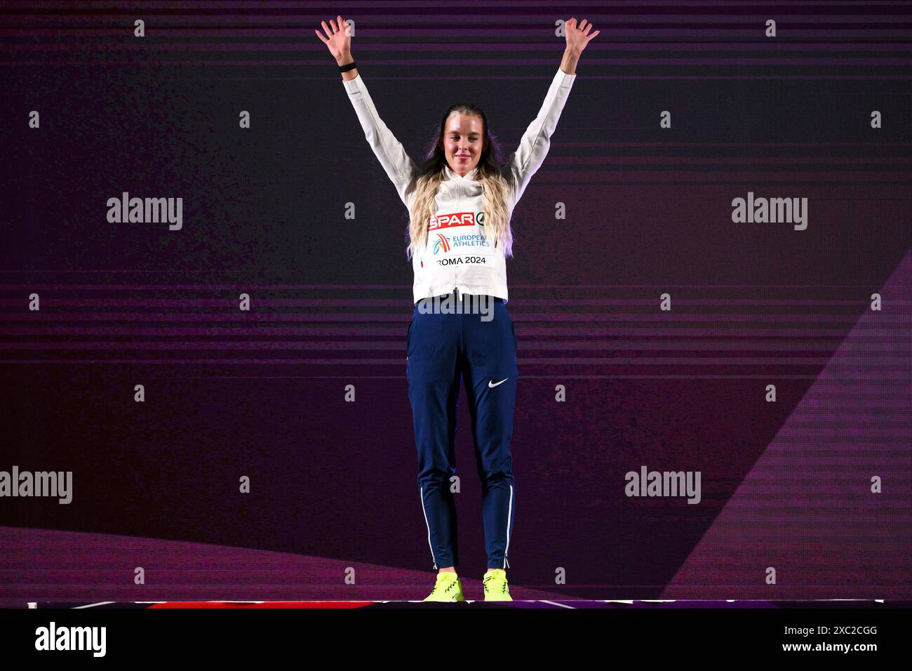 Keely Hodgkinson of Great Britain celebrates during the medal ceremony ...