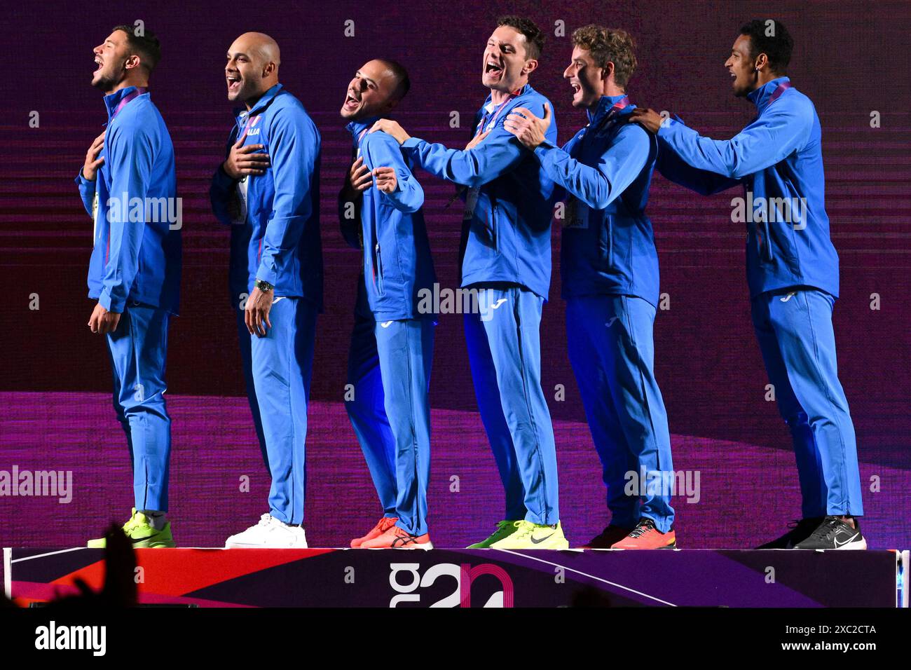 Athletes of team Italy during the medal ceremony of the 4x100m men ...