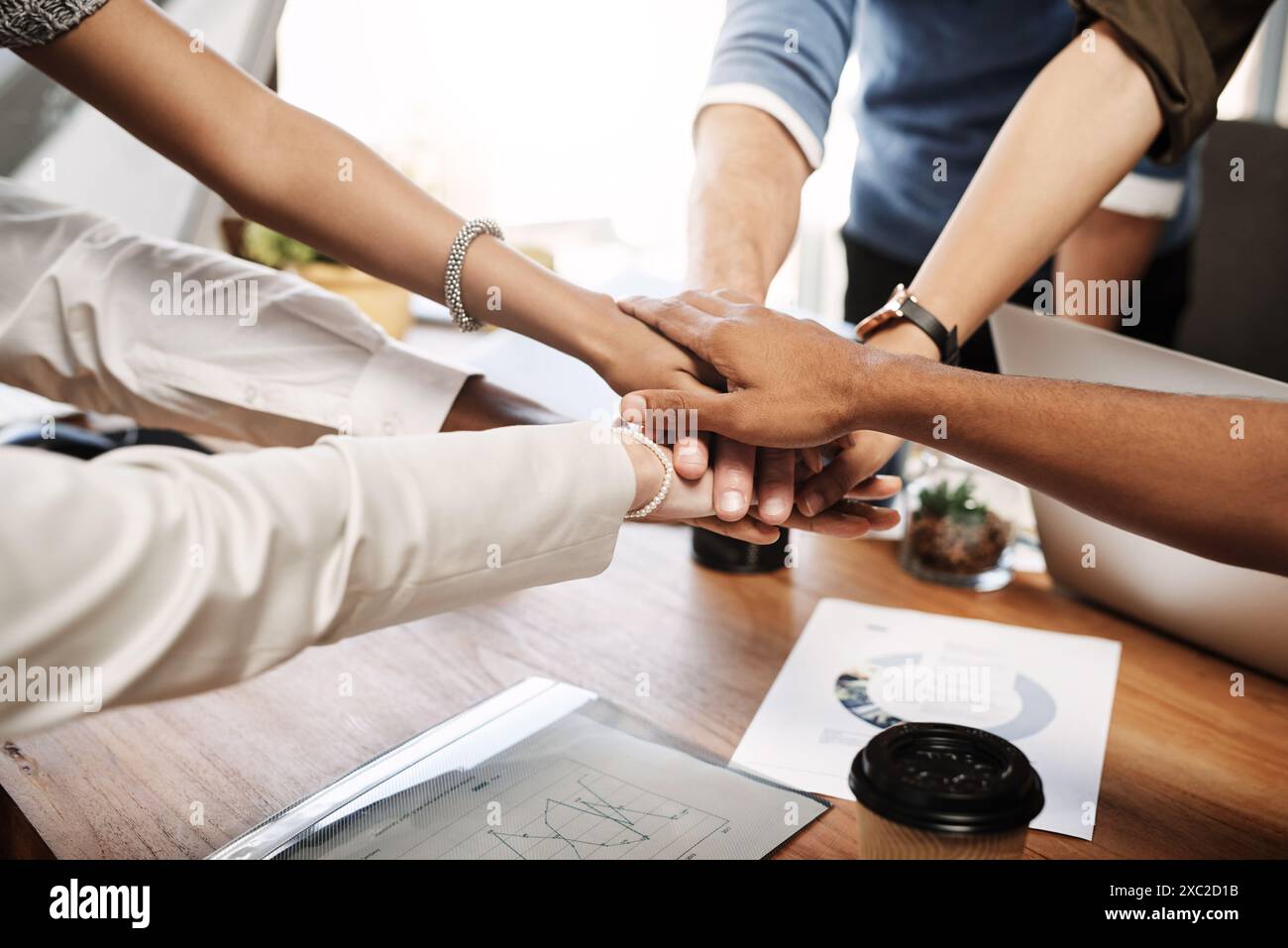 Teamwork, group and pile of hands with office, businesspeople and ...