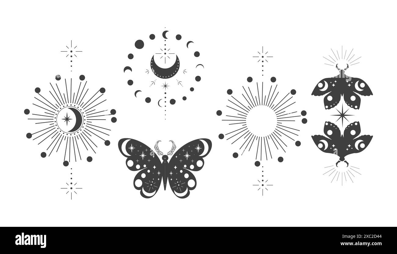 Magic sacred decoration esoteric tattoo moth or butterfly dark line ...