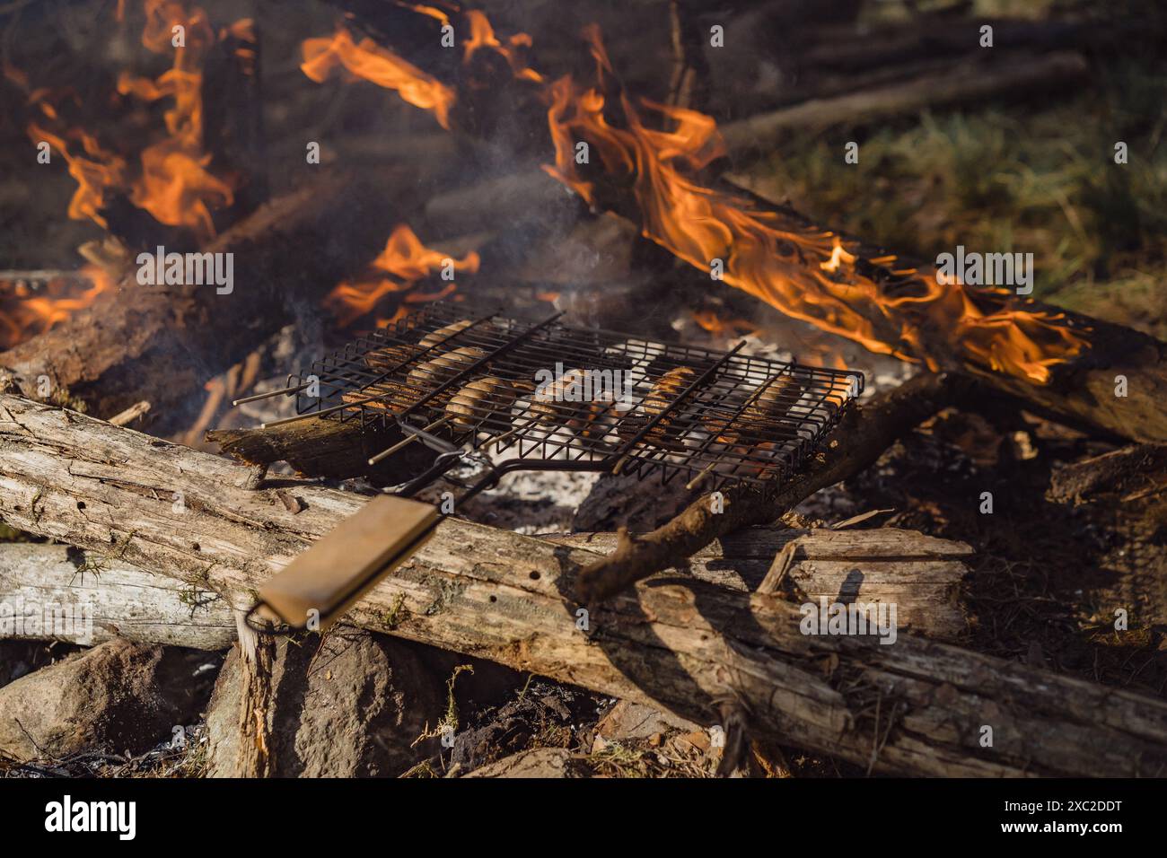 Food cooked on a bonfire on the grill over an open fire Stock Photo - Alamy