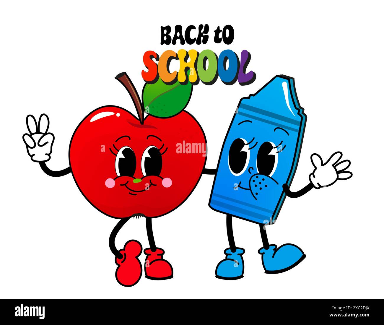 Back to school - Groovy red apple and blue crayon. School concept in ...