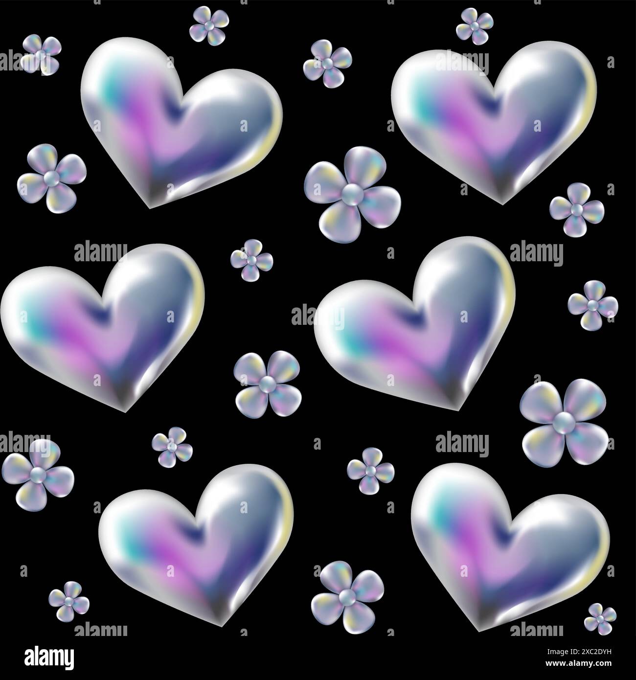 3d holographic retro 90 seamless pattern. Chrome Hearts and Daisy flowers in Y2K style on black ...